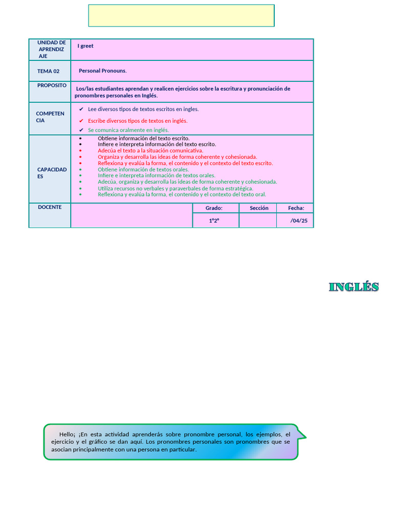 Ficha de Actividad S3 (U1) Ciclo VI (1°2°) - INGLÉS | PDF | Pronombre | Adjetivo