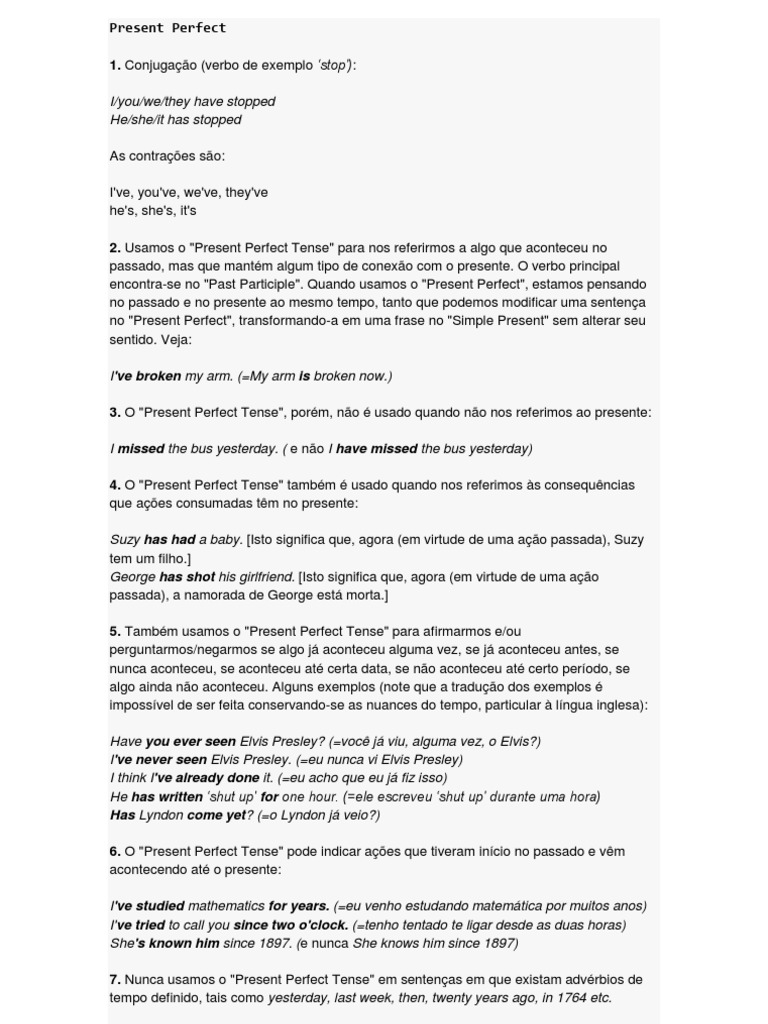 Guia Completo do Present Perfect | PDF | Tempo gramatical | Assunto (gramática)