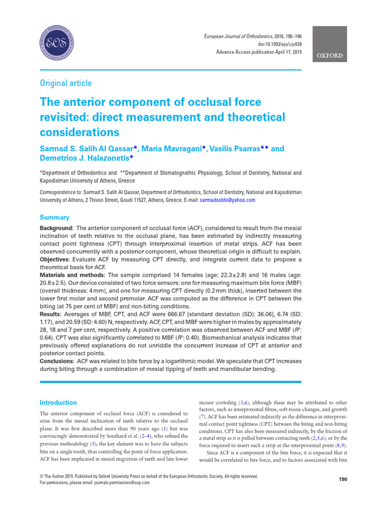 The Anterior Component of Occlusal Force | PDF | Standard Deviation ...
