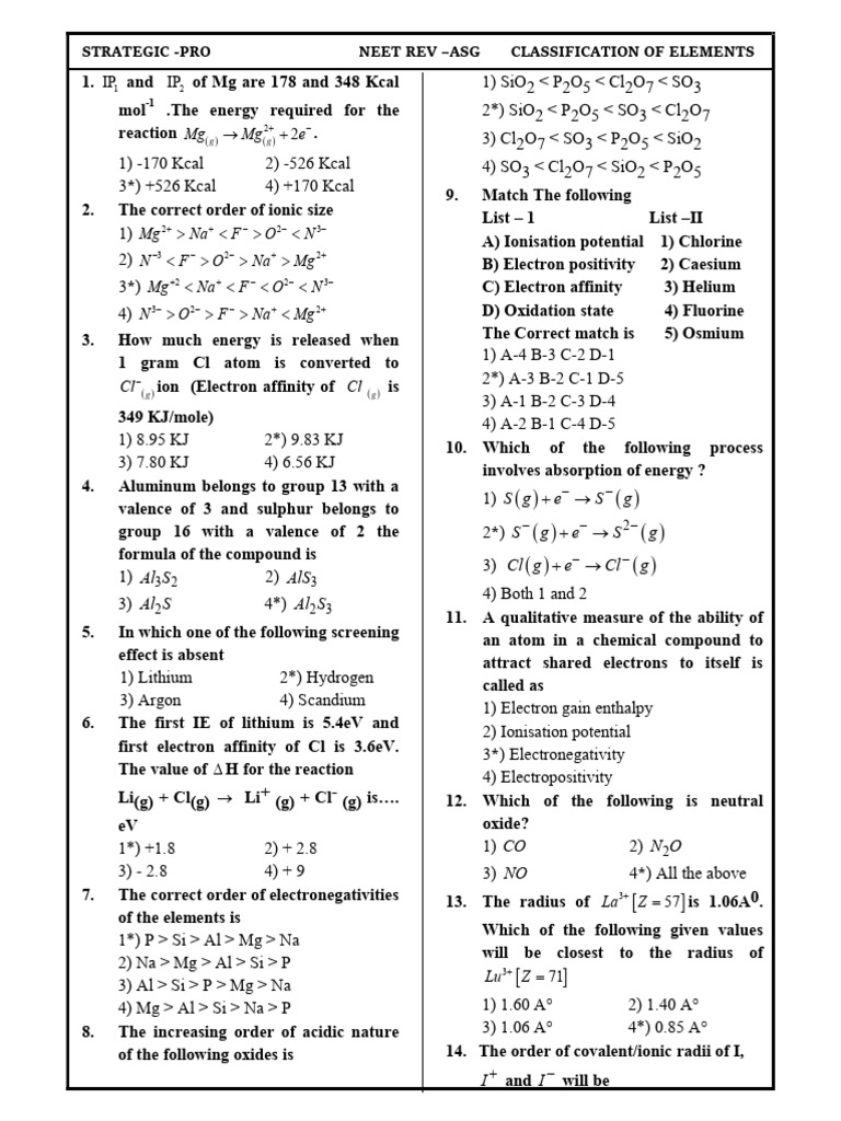 2a.CLASSIFICATION OF ELEMENTS NEET REV-ASG 2024-25 BATCH - KEY - 014005 ...