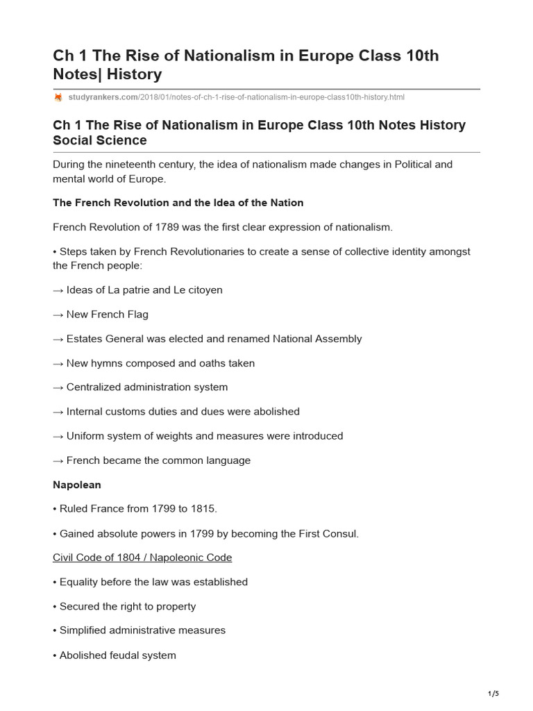 CH 1 The Rise of Nationalism in Europe Class 10th Notes History | PDF ...