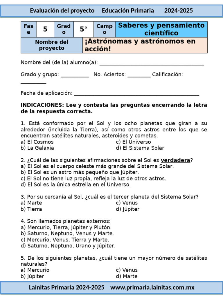 5°? Abril - Examen 02 Astrónomas y Astrónomos en Acción (2024-2025 ...