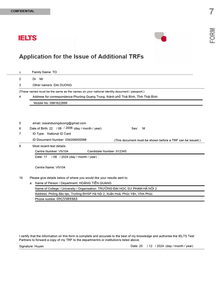 Application For The Issue of Additional TRFS: Confidential | PDF
