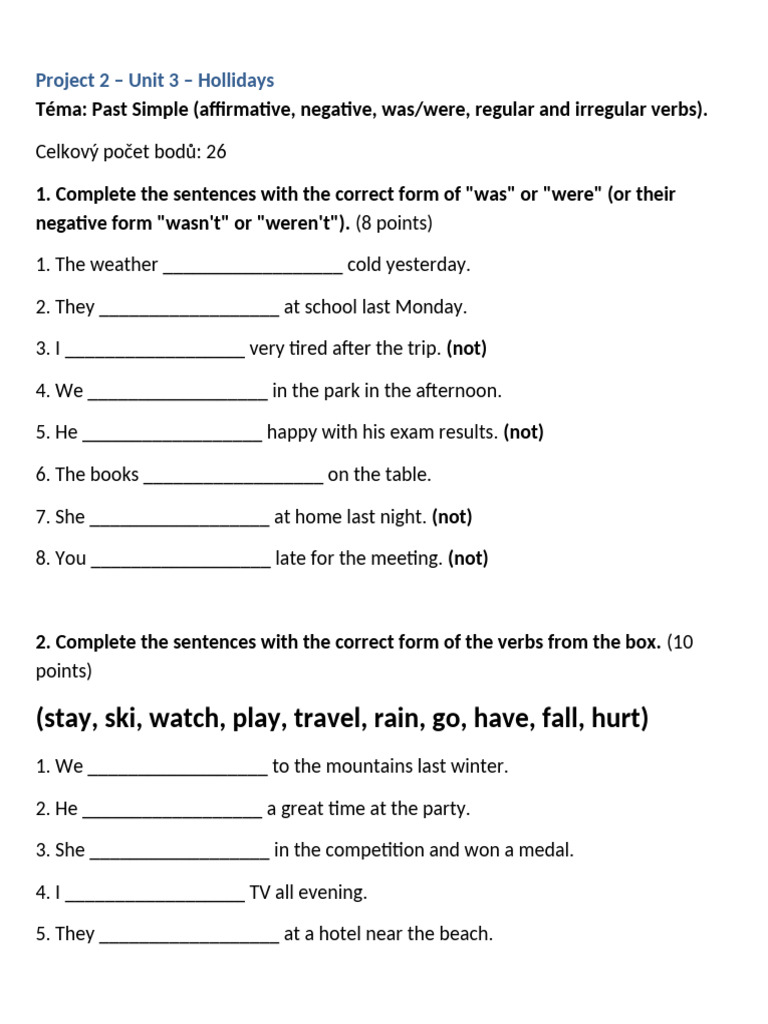 Project 2 Unit 3 Test: Past Simple | PDF | Language Families | Grammar