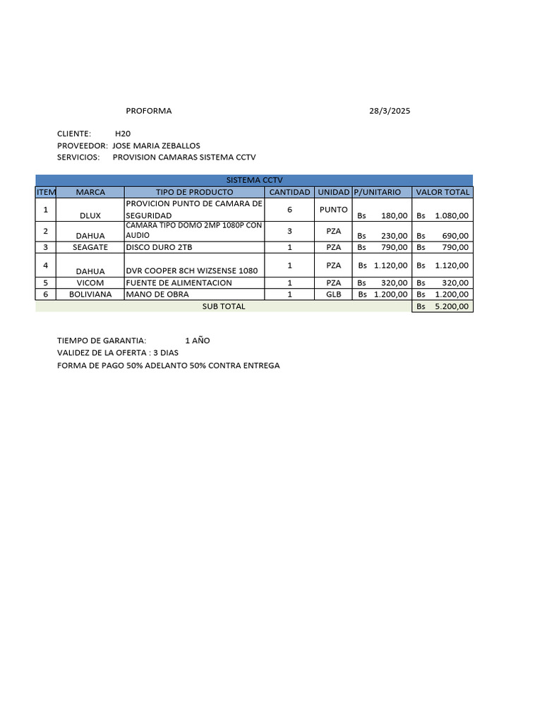 Proforma para Sistema CCTV H20 | PDF