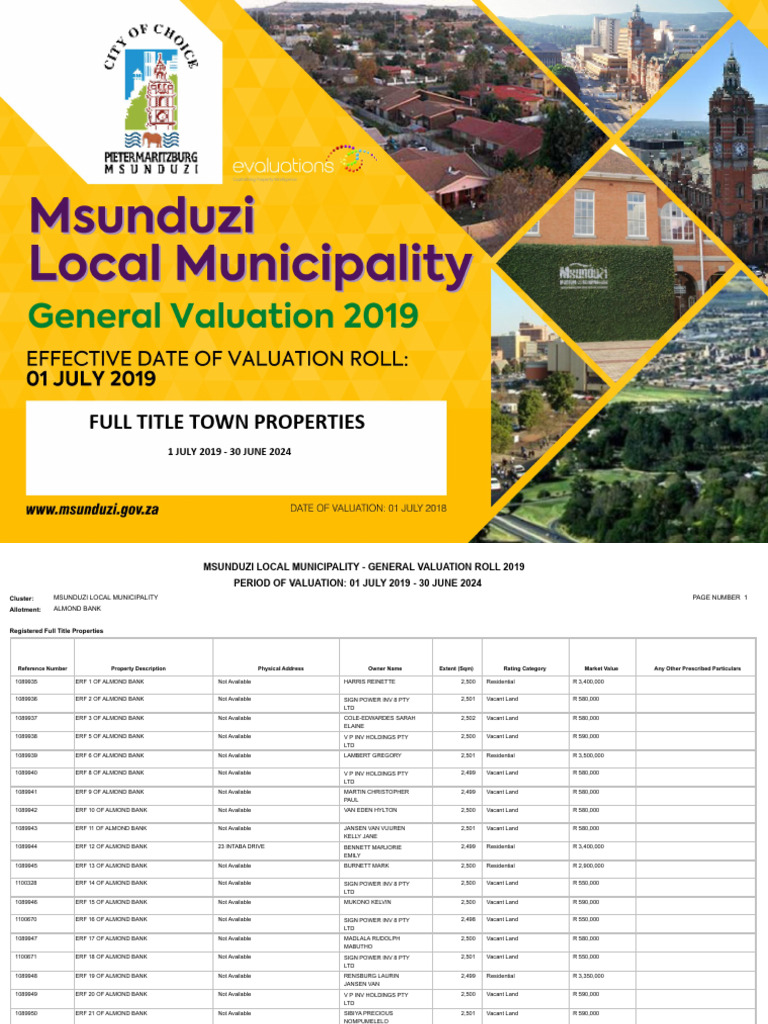 Msunduzi Valuation Roll 2019-2024 | PDF | Valuation (Finance) | Market ...