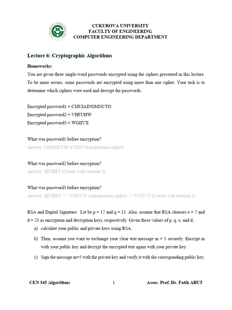 Lecture6_Homework-Answers (1) | PDF | Key (Cryptography) | Encryption