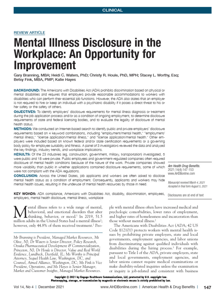 Mental Illness Disclosure in The Workplace: An Opportunity For ...