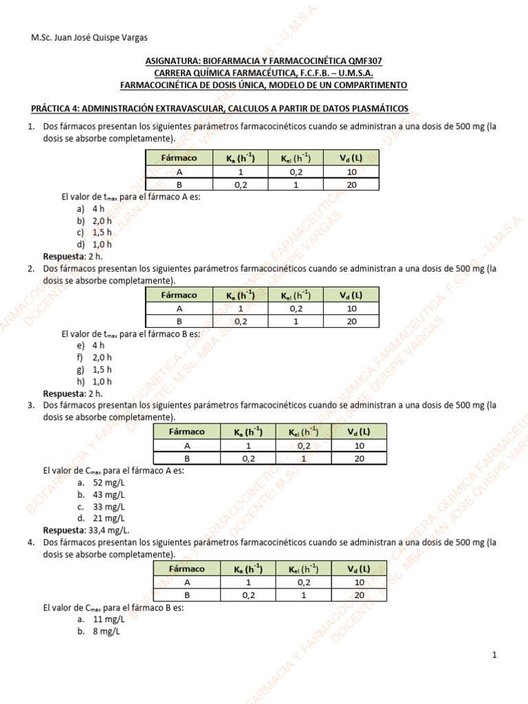 04. EJERCICIOS EV (1 COMP) | PDF | Farmacocinética | Biodisponibilidad