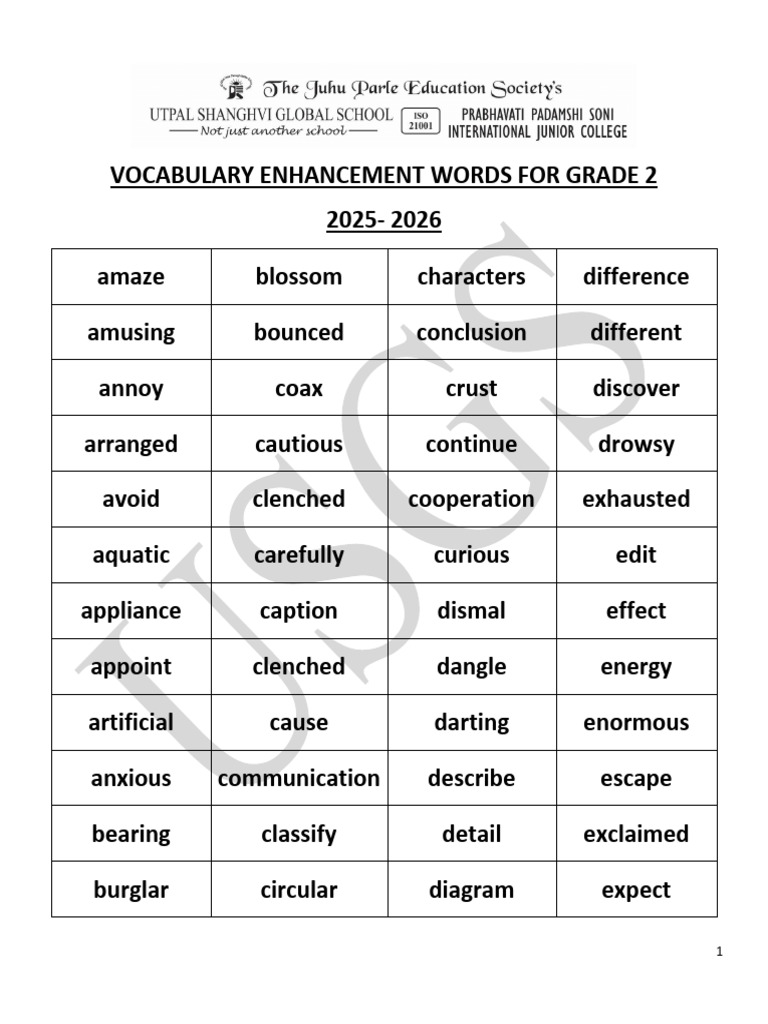 Vocabulary Words List - Grade 2 - 2025 26 | PDF