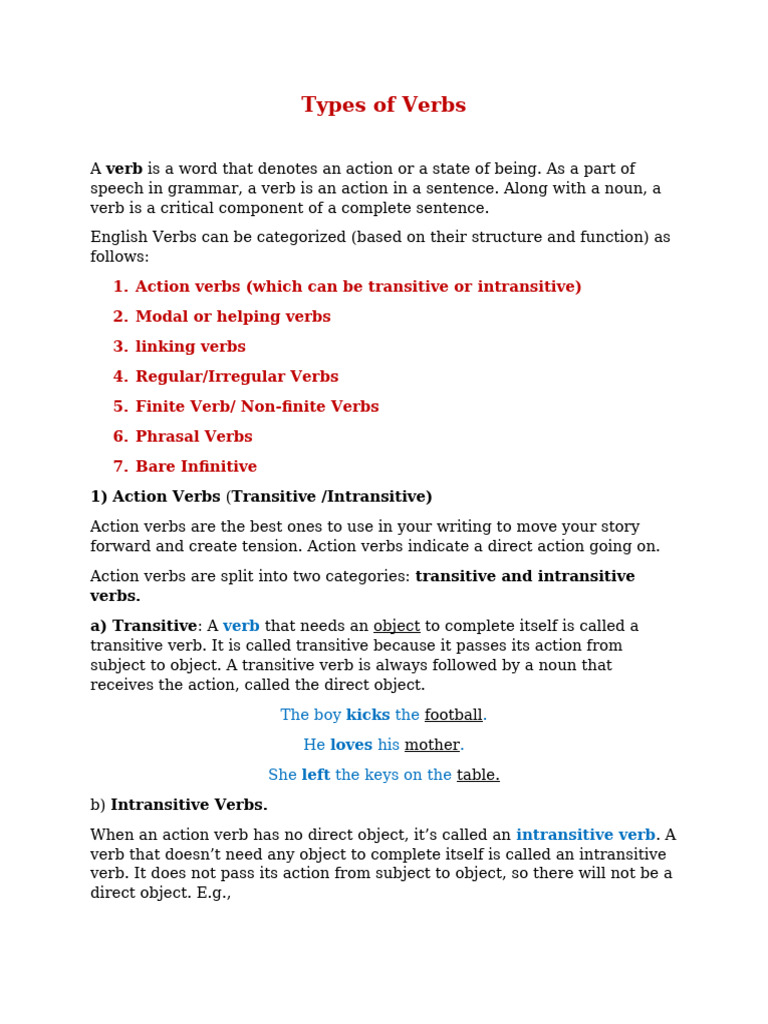Handouts - Types of Verbs (1) Lecture 1 | PDF | Verb | Linguistic ...