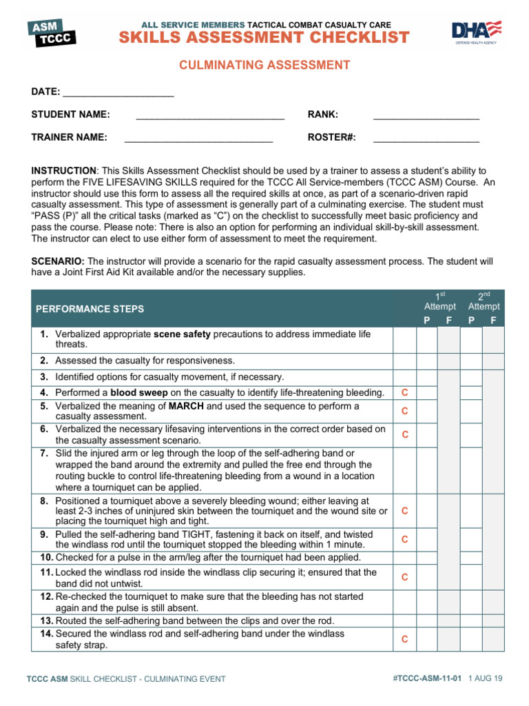 TCCC Skills Assessment Checklist | PDF | Medical Emergencies | Diseases And Disorders