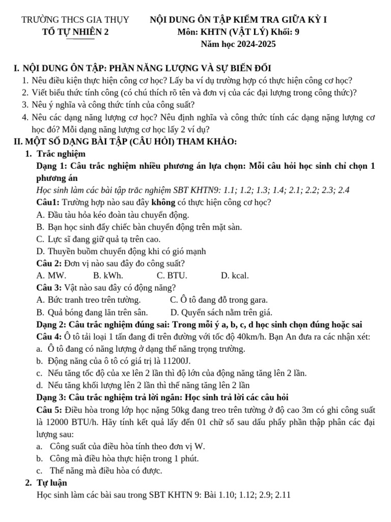 NỘI DUNG ÔN TẬP KTGK 1 - LÝ 9 | PDF