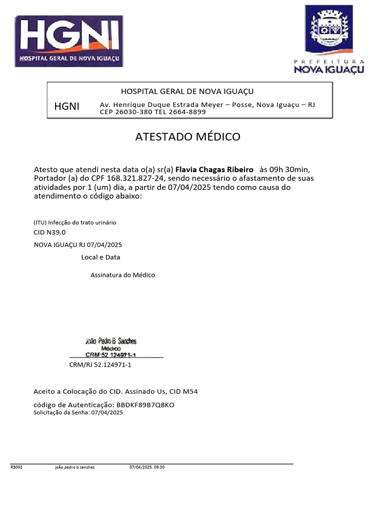 Atestado Médico - Infecção Urinária | PDF