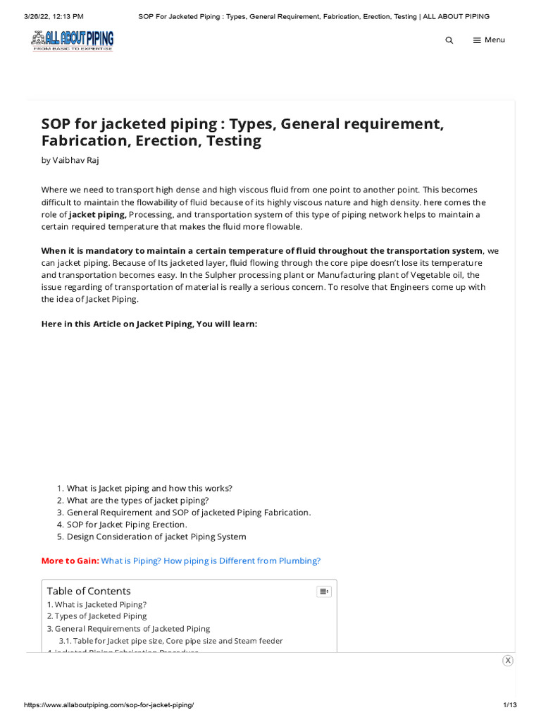 SOP For Jacketed Piping - Types, General Requirement, Fabrication ...