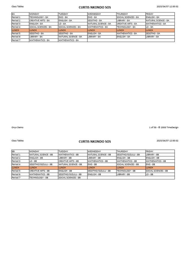 08 April 2025 Term 2 Classes Tables | PDF | Science | Mathematics