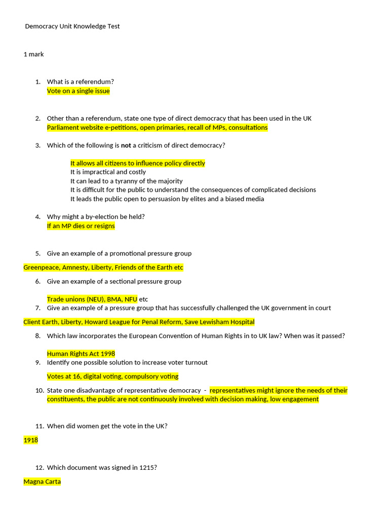 Democracy_Unit_Knowledge_Test_answers | PDF | Democracy | Political ...