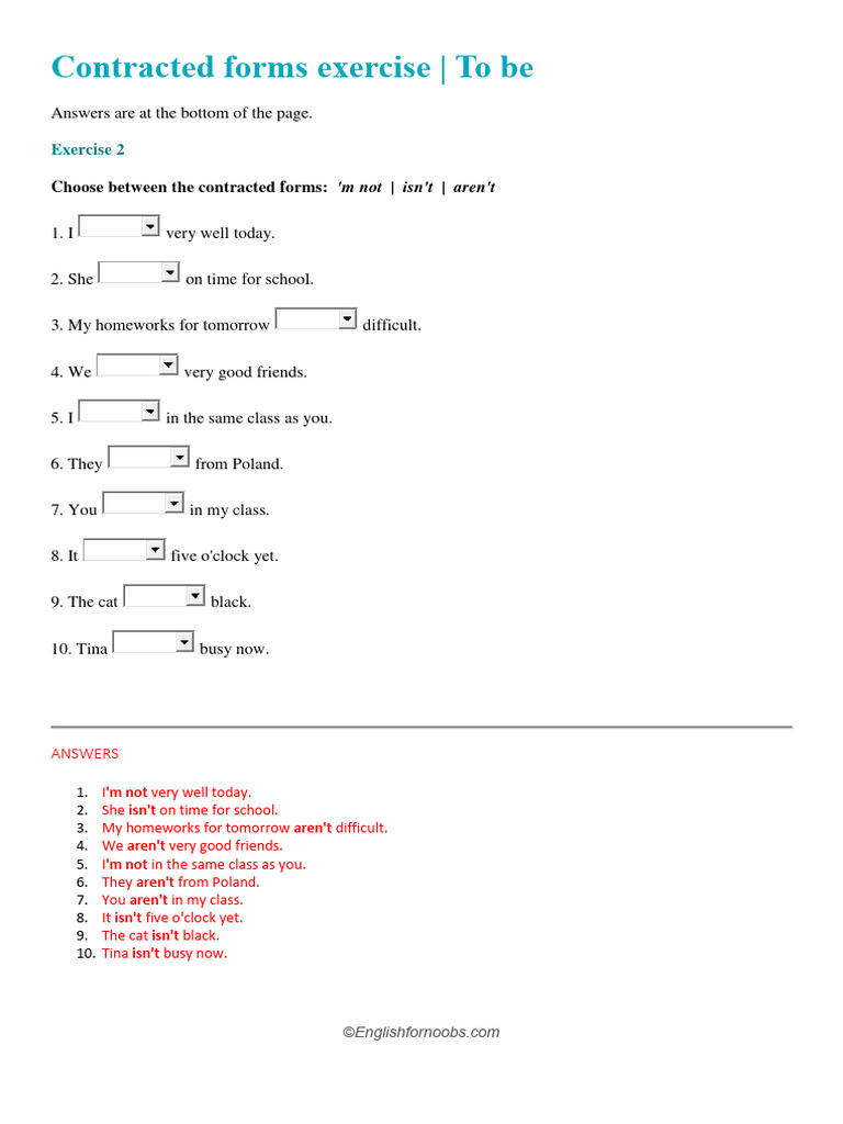 Contracted Forms Exercise To Be 2 | PDF
