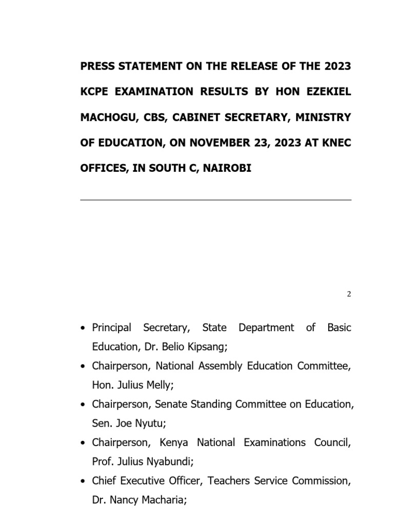 Final CS SPEECH KCPE-2023 RESULTS RELEASE - 23.11.2023 | PDF