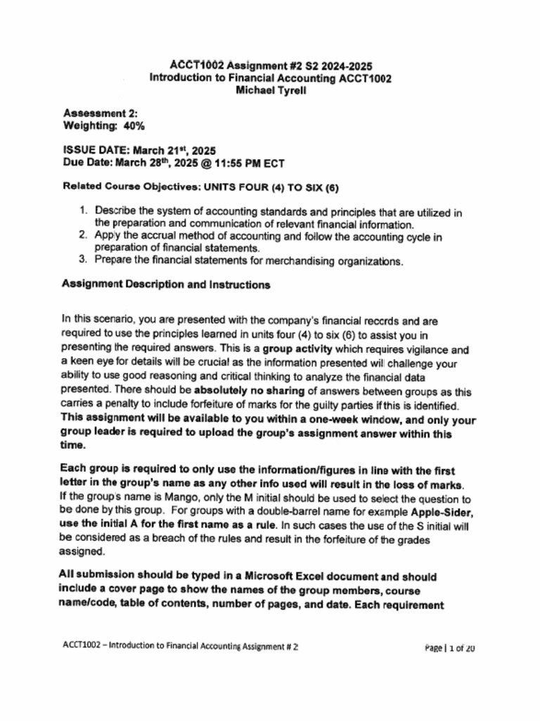 ACCT Introduction To Financial Accounting Assignment 2 - S2 - 2024-2025 ...