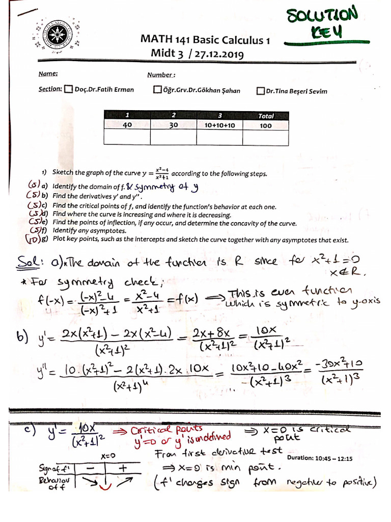 MATH 141 SOLUTION KEY Mid3 | PDF