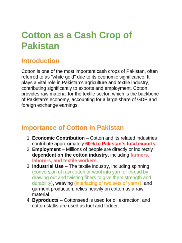 Cotton and Sugar as Cash Crops of Pakistan | PDF | Cotton | Agriculture