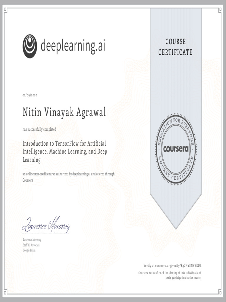 Coursera R3CNY8NVBED6Introduction To TensorFlow For Artificial Intelligence, Machine Learning ...