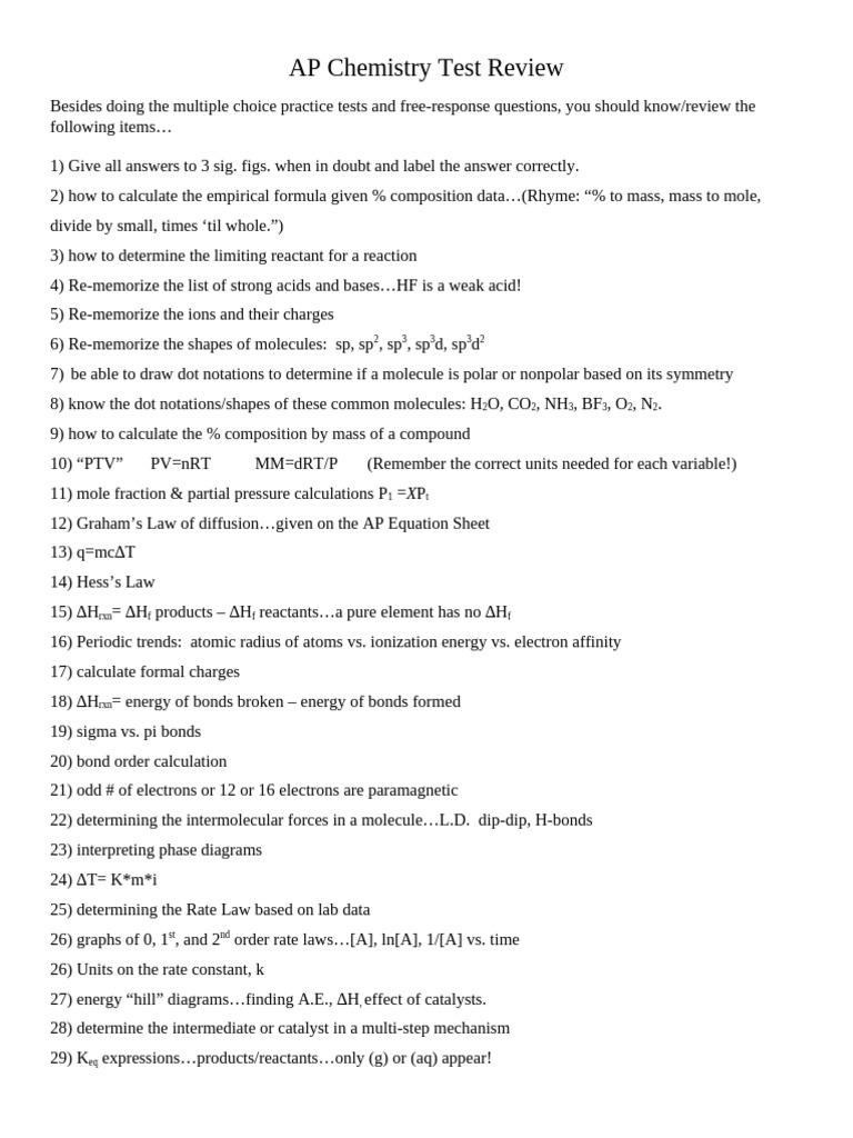 AP Chemistry Test Review | PDF | Acid | Chemical Reactions