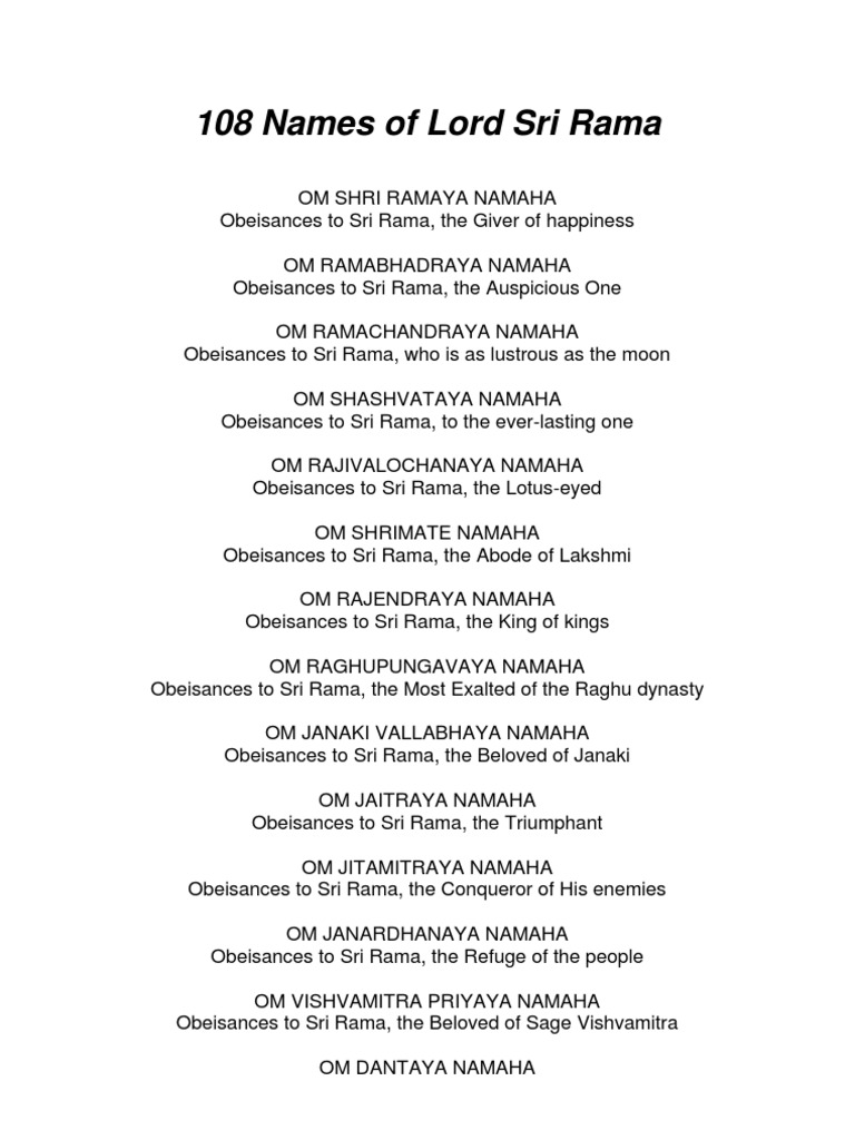 108 Names of Lord Rama Explained | PDF | Rama | Hindu Philosophy