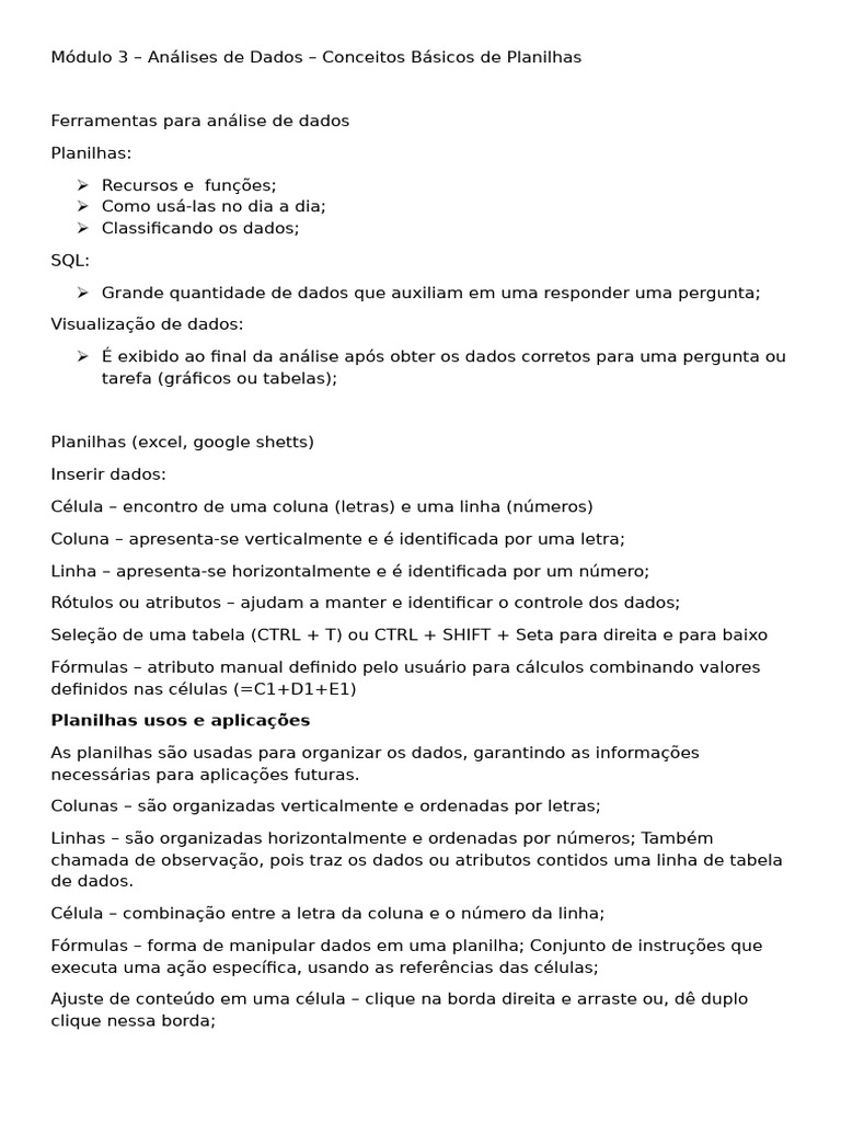 Módulo 3 - Planilhas, SQL e Visualização de Dados | PDF | SQL | Dados
