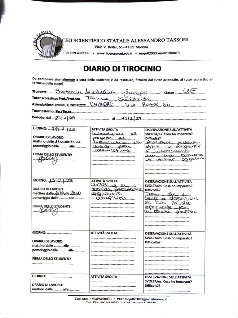 Diario Di Tirocinio SdC | PDF