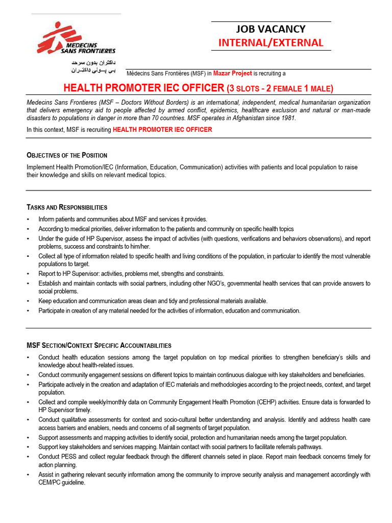 MSF Health Promoter IEC Officer Jobs | PDF | Médecins Sans Frontières