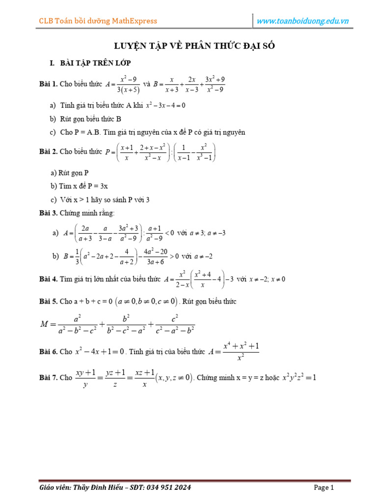 [8.2B2] Luyện tập phân thức đại số | PDF