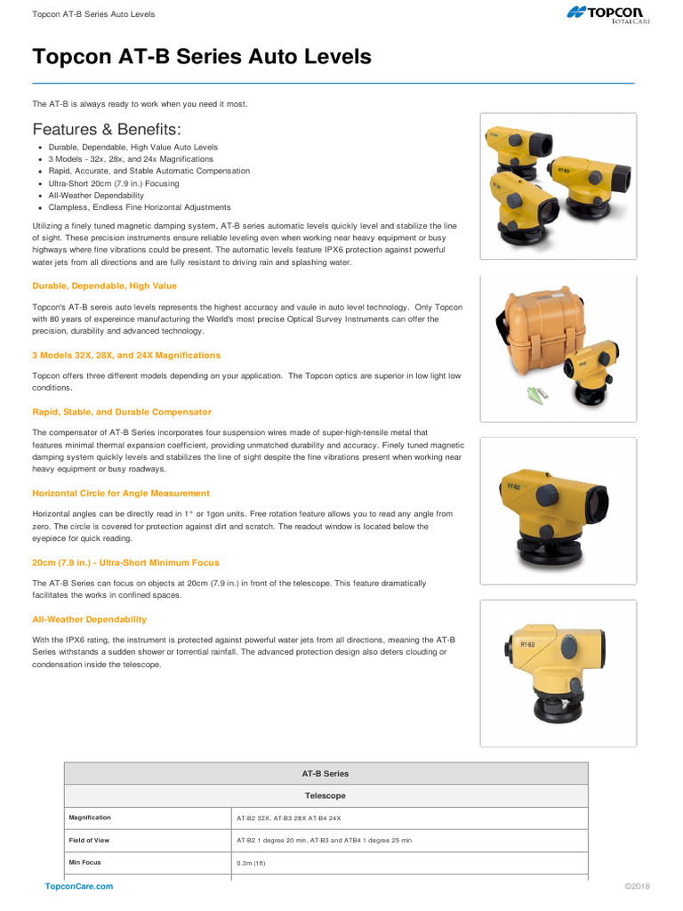 Topcon AT B Series Auto Levels Specifications | PDF | Applied And ...