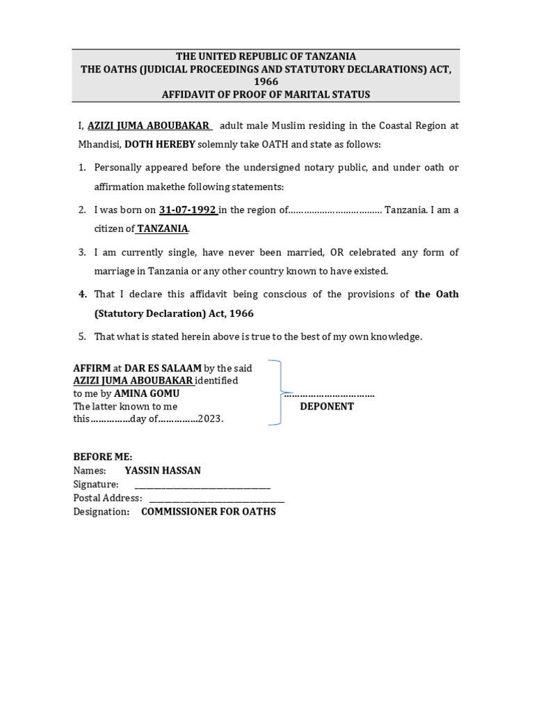 Affidavit of Proof of Marital Status | PDF