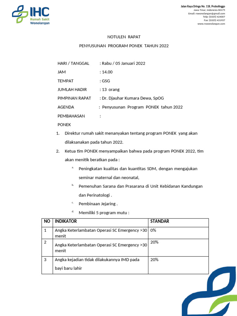 1c.notulen Rapat PONEK (Penyusunan Program 2019) | PDF