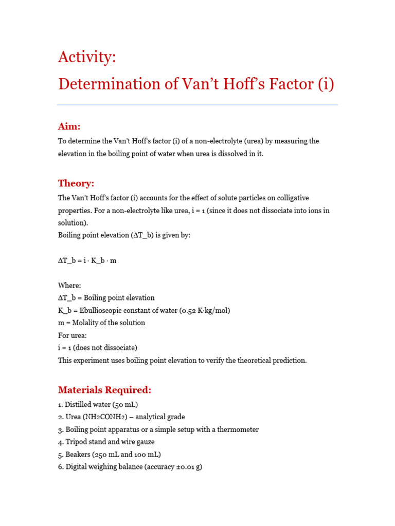Van Hoff Factor Urea Experiment | PDF | Chemistry | Continuum Mechanics