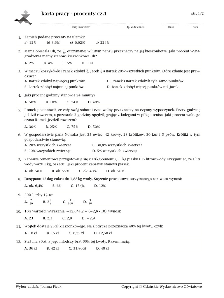 Karta Pracy Procenty Calosc Powtorka Pdf