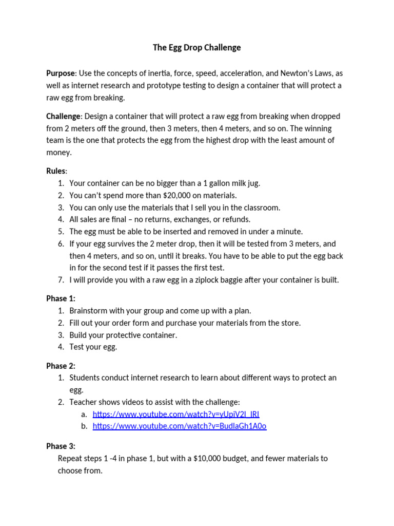 Egg Drop Challenge Guidelines and Design | PDF