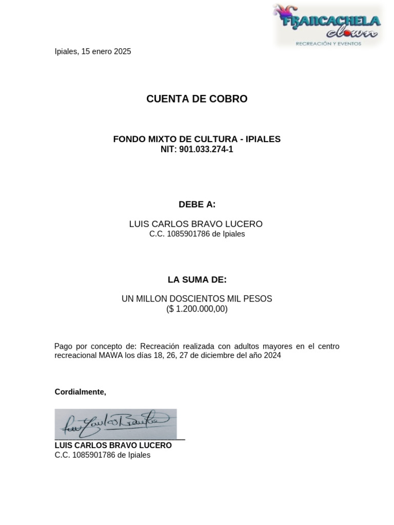Cta de Cobro y Certificacion Francachela | PDF