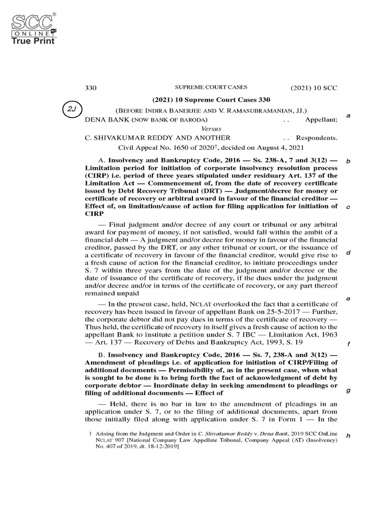 Dena Bank v. C. Shivakumar Reddy, (2021) 10 SCC 330 | PDF | Supreme ...