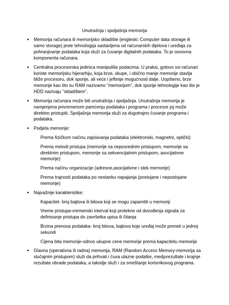 Unutrašnja I Spoljašnja Memorija | PDF