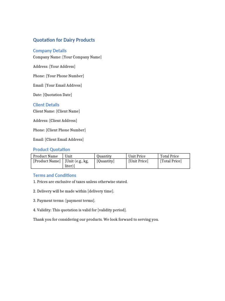 Dairy Products Quotation Template | PDF
