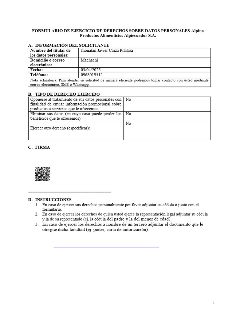 Formulario de Datos Personales Alpina.. | PDF