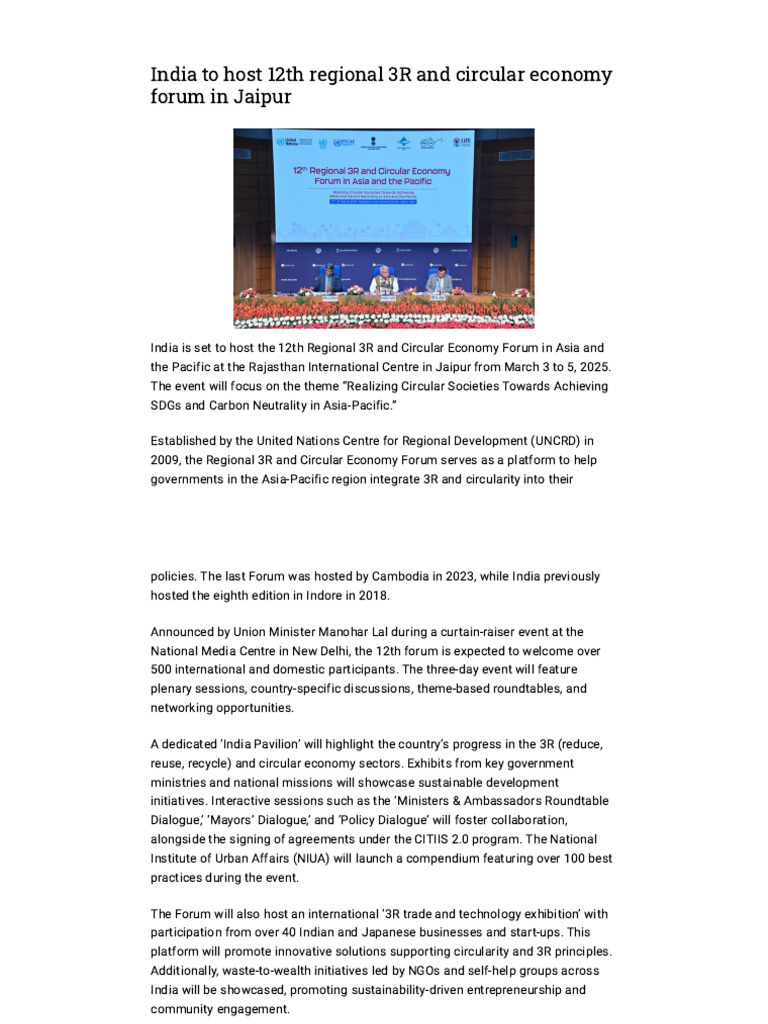 India To Host 12th Regional 3R and Circular Economy Forum in Jai | PDF ...
