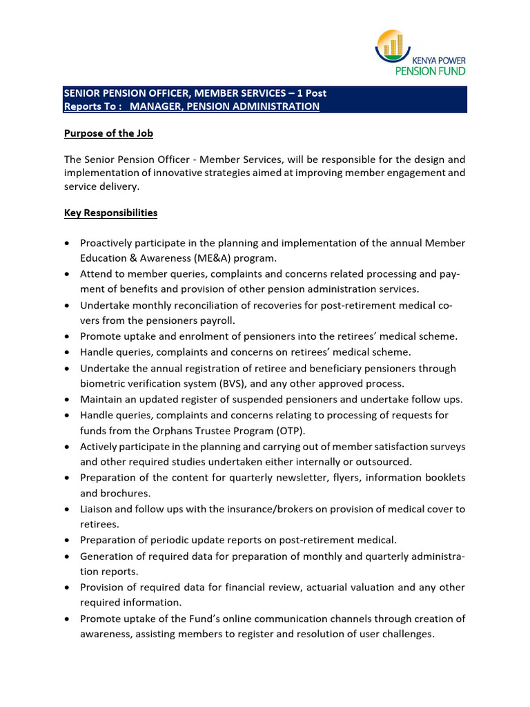 Snr-Pension-Officer-Member-Services-Advert-1 | PDF | Pension | Skill