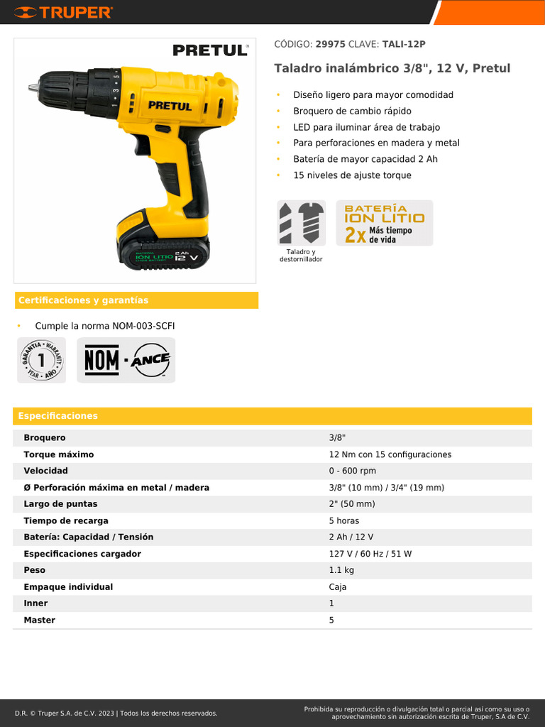 Taladro Inalámbrico 3/8", 12 V, Pretul | PDF