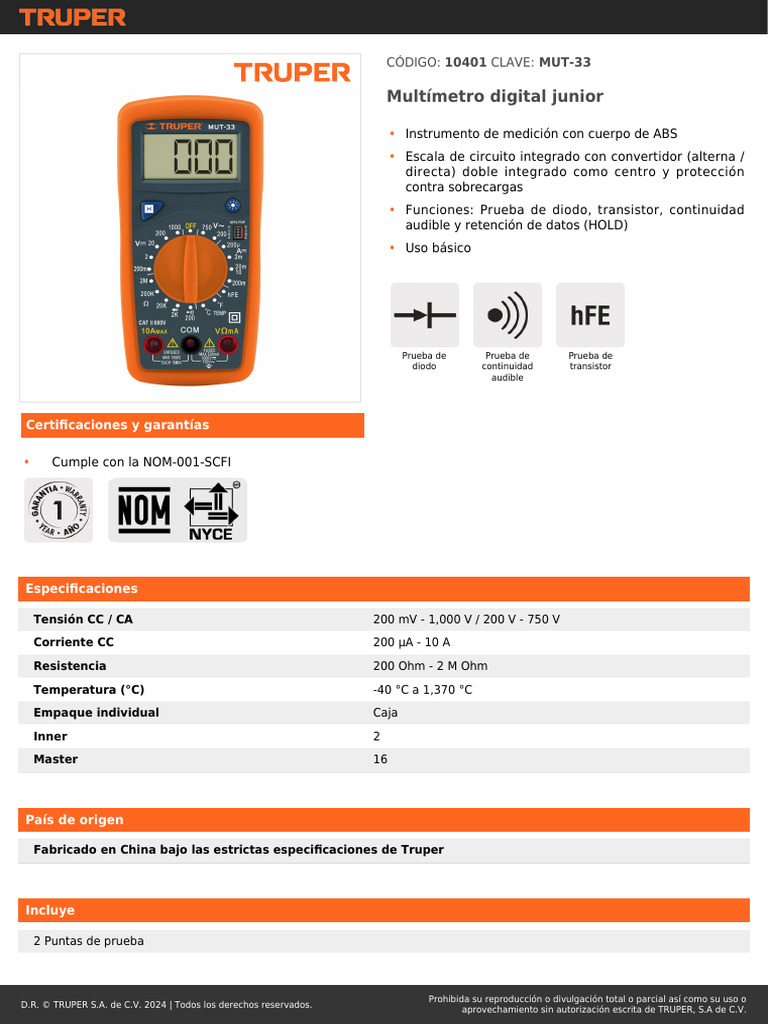 Multímetro Digital Junior: CÓDIGO: 10401 CLAVE: MUT-33 | PDF | Corriente continua | Ingeniería ...