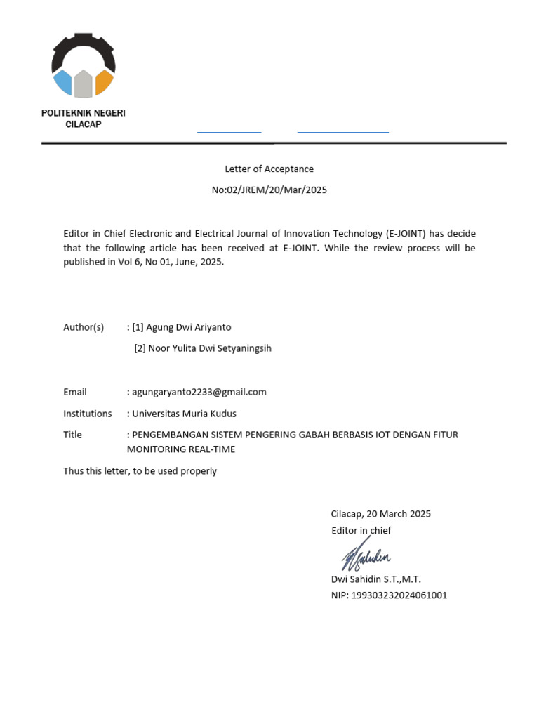 Letter of Acceptance 2025 - Agung Dwi Ariyanto | PDF