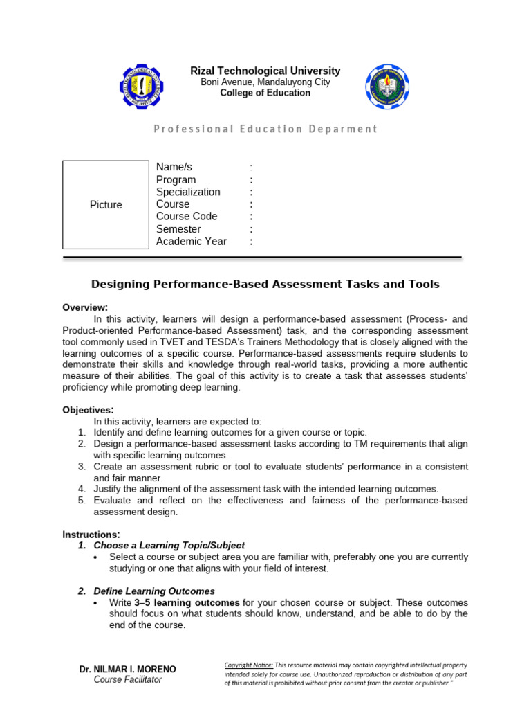 Activity 3-Designing Performance-Based Assessment Tasks and Tools (TM ...
